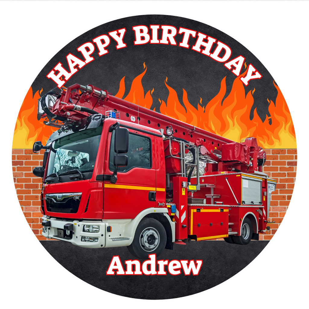 Personalised Cake Topper Edible Pre-cut Fire Fighter Fire Engine Toppe ...